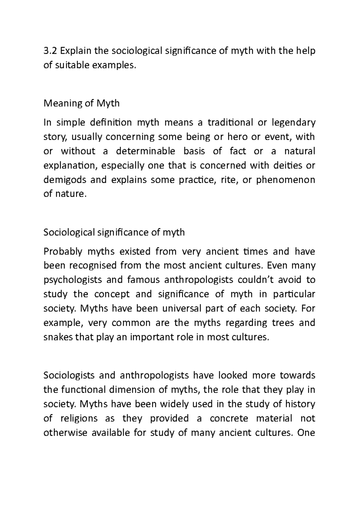 3 - hand written assignments - 3 Explain the sociological significance of myth with the help of ...