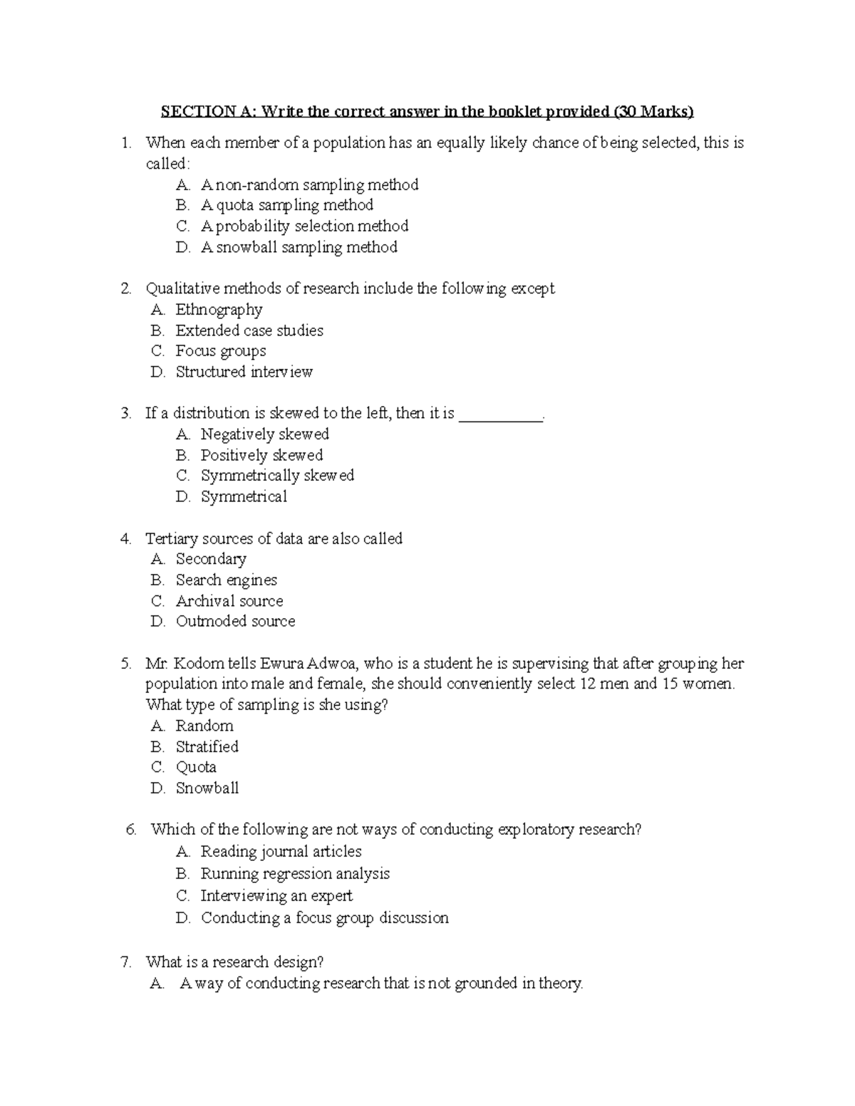 Trial Questions - Research Methods - SECTION A: Write the correct ...