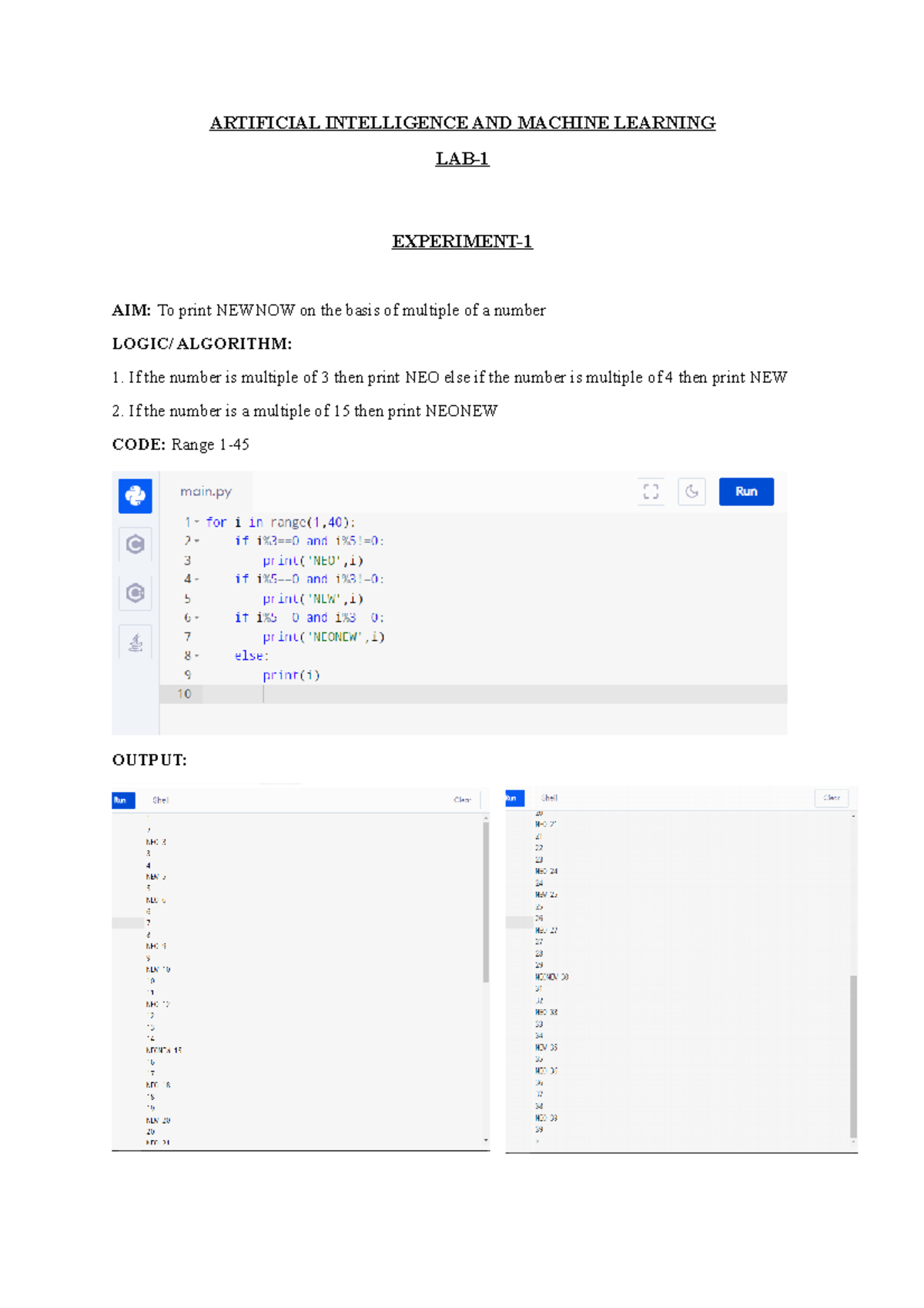 AIML Lab 1 experiments - Artificial intelligence and machine learning - ARTIFICIAL INTELLIGENCE ...