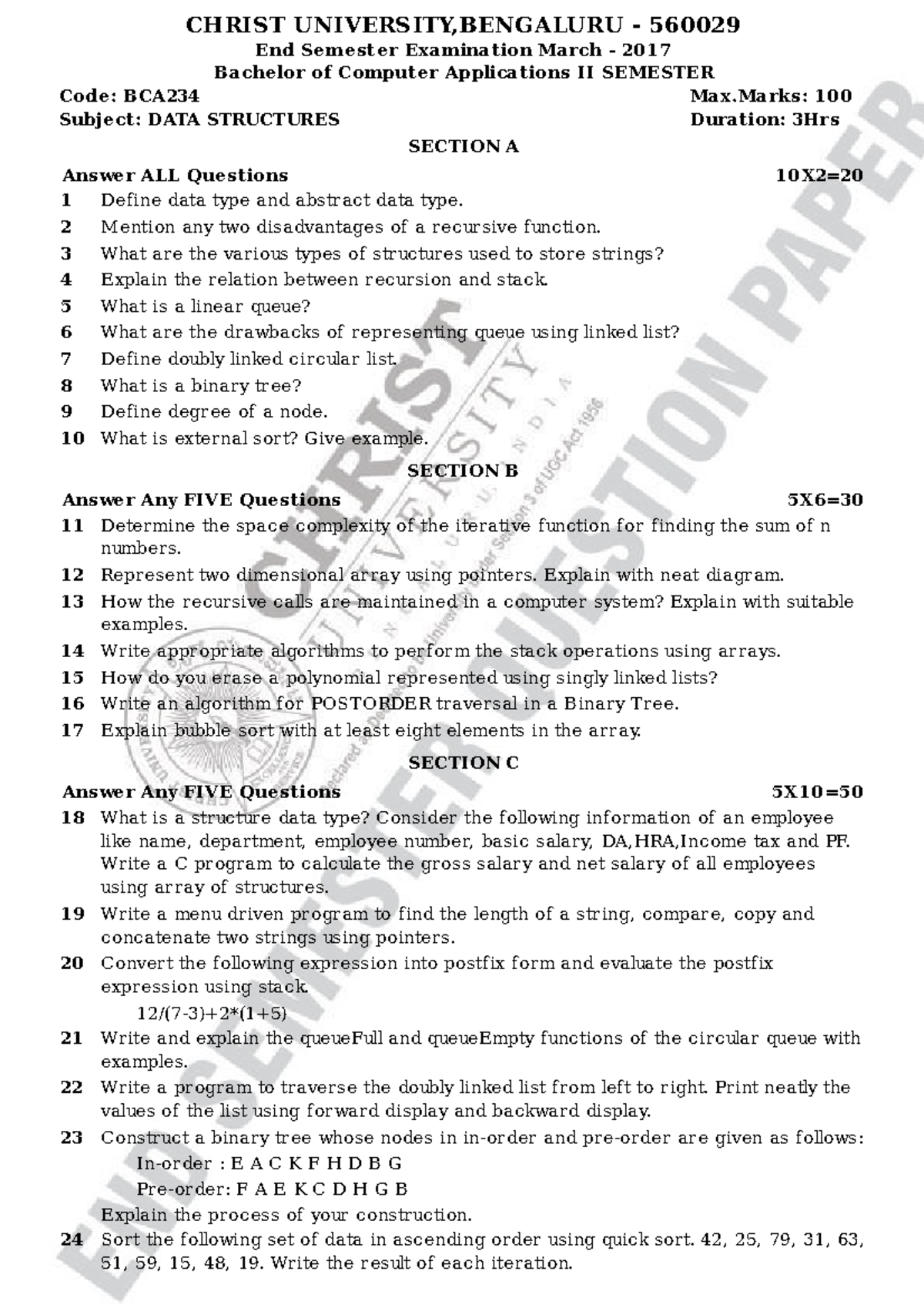 Ds - Question paper-ESE - CHRIST UNIVERSITY,BENGALURU - 560029 End ...