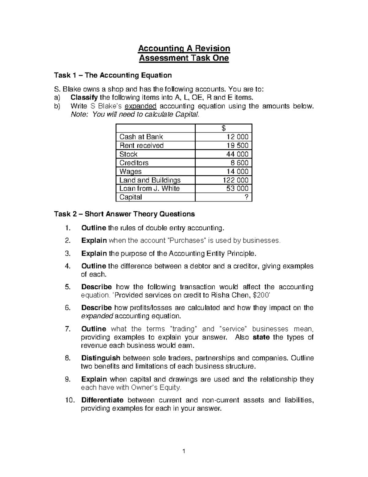 Revision Activities ACA Task 1 - Accounting A Revision Assessment Task ...