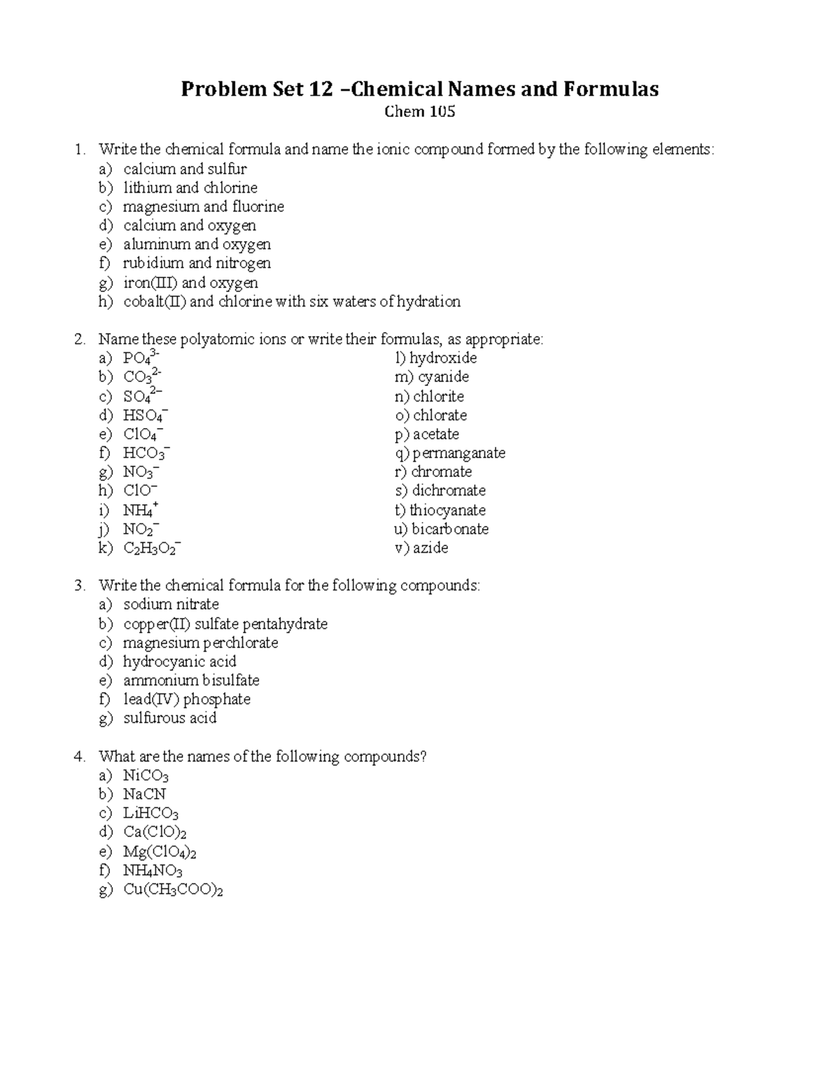 PS 12 2020 PS 12 Problem Set 12 Chemical Names And Formulas Chem