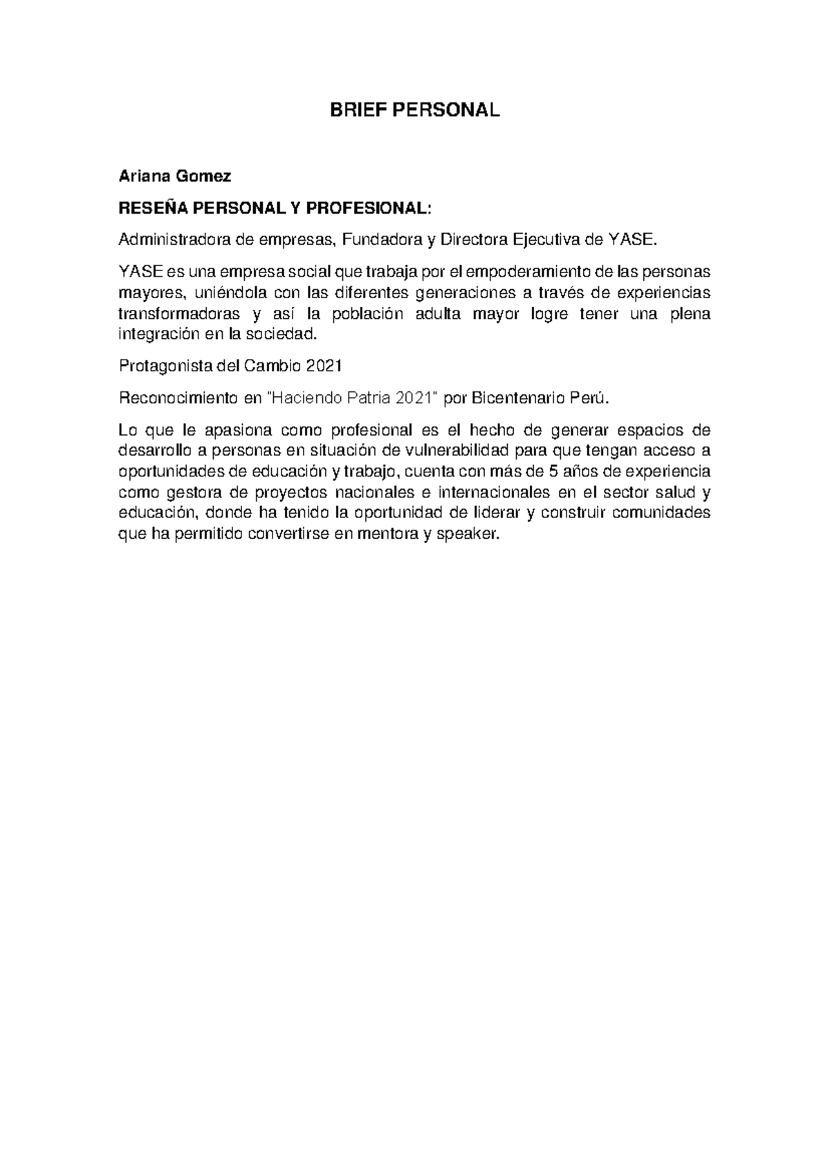 Brief - BRIEF PERSONAL Ariana Gomez RESEÑA PERSONAL Y PROFESIONAL ...