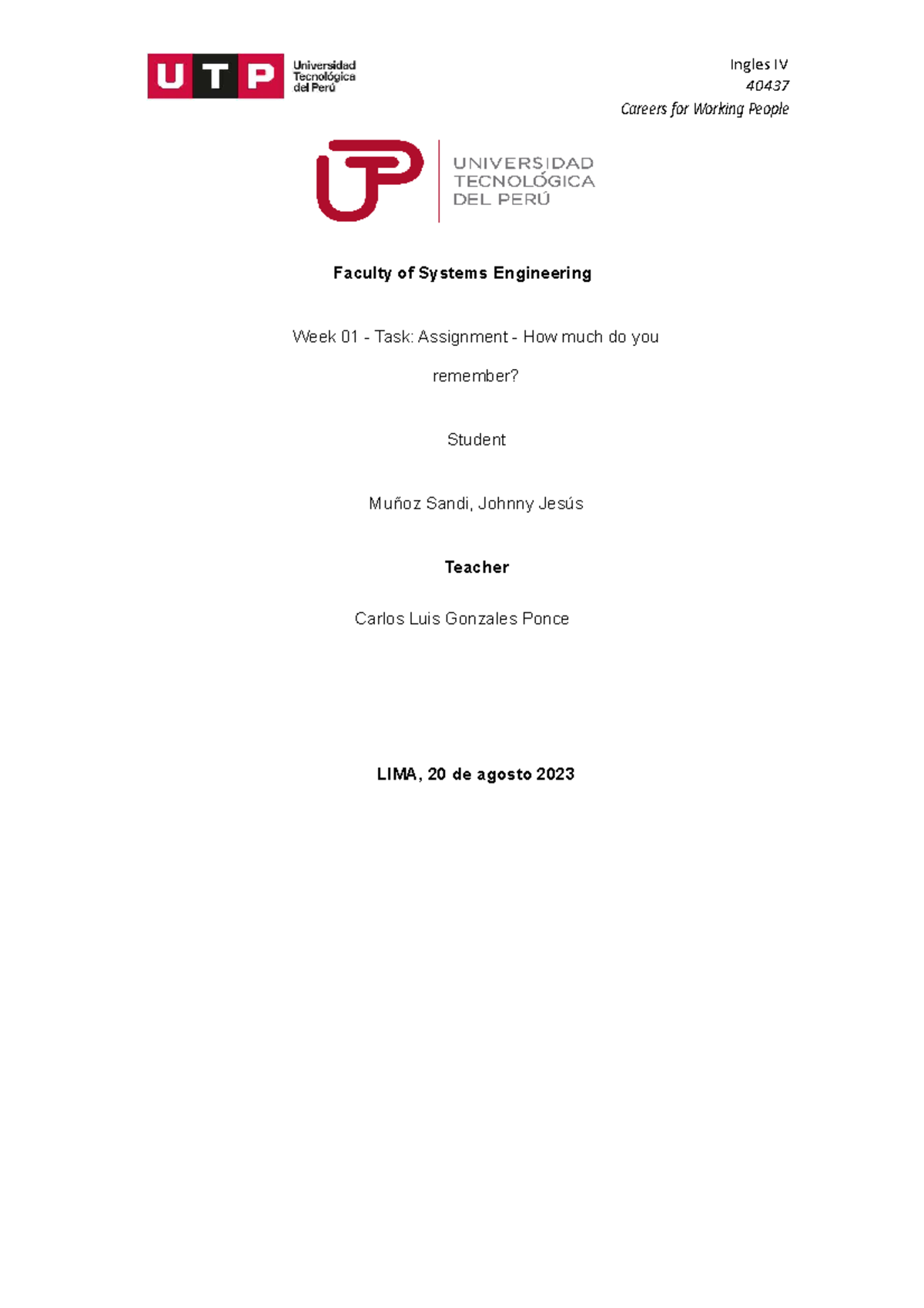 TASK 1 - week 1 - Ingles IV - UTP - Studocu