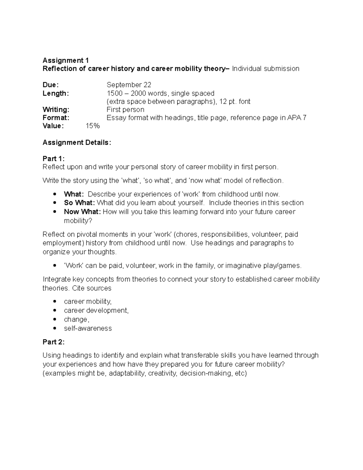 Assignment 1- Reflection of Career Story and integration of career ...