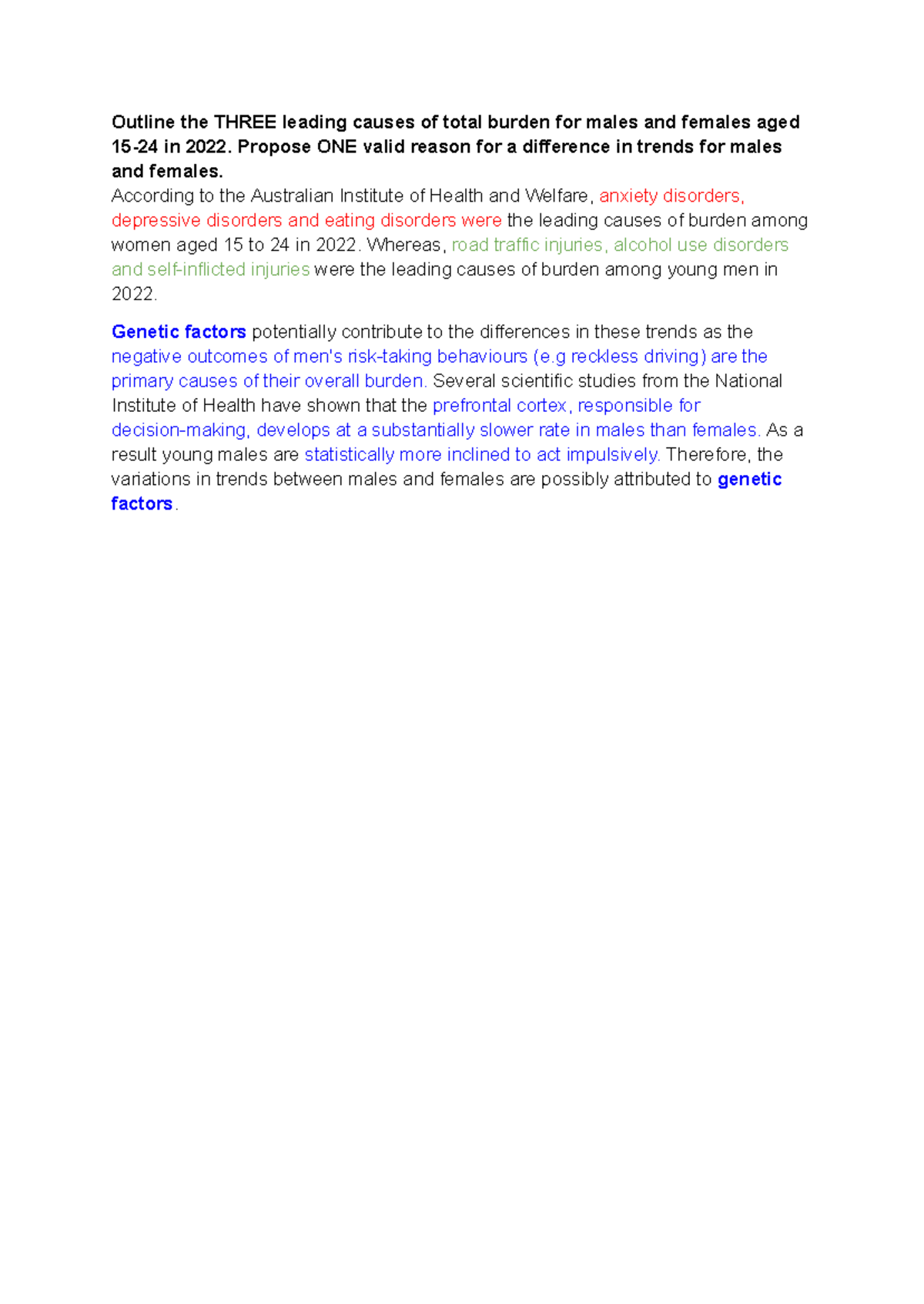 Pdhpe responses - Outline the THREE leading causes of total burden for ...