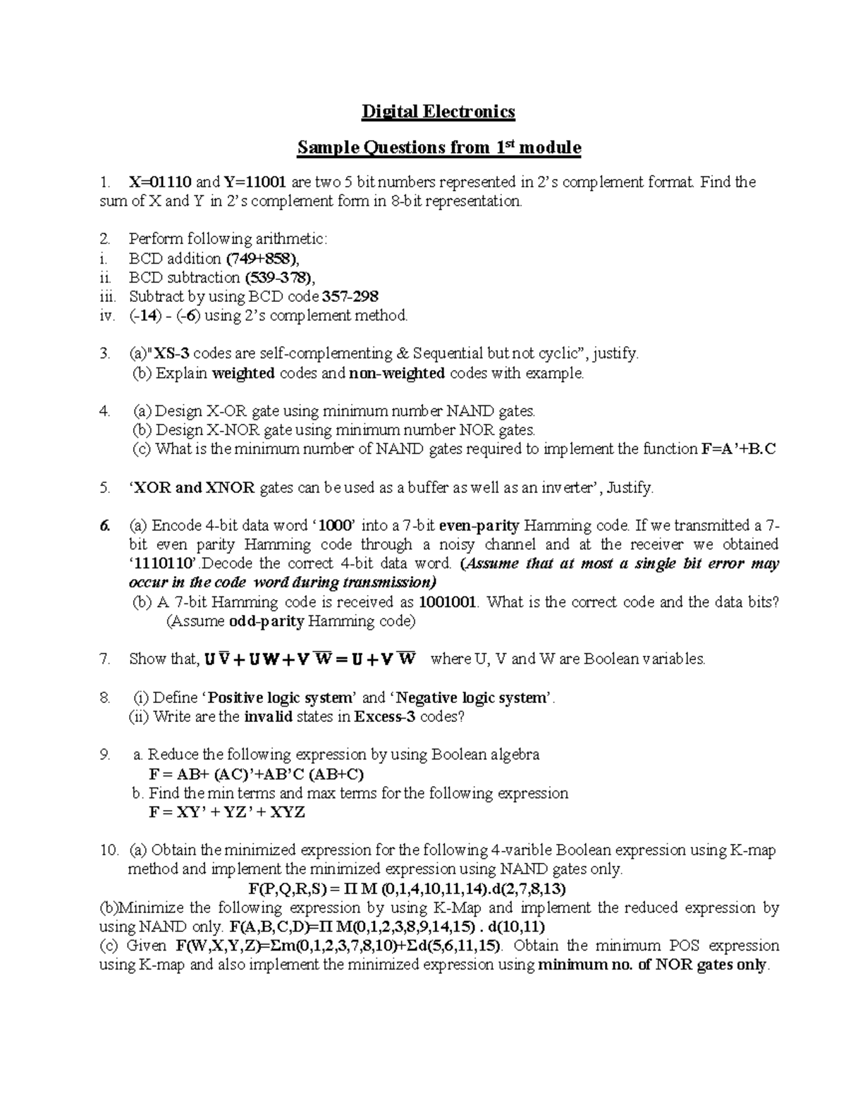 DEC Sample questions from 1st module - Digital Electronics Sample ...