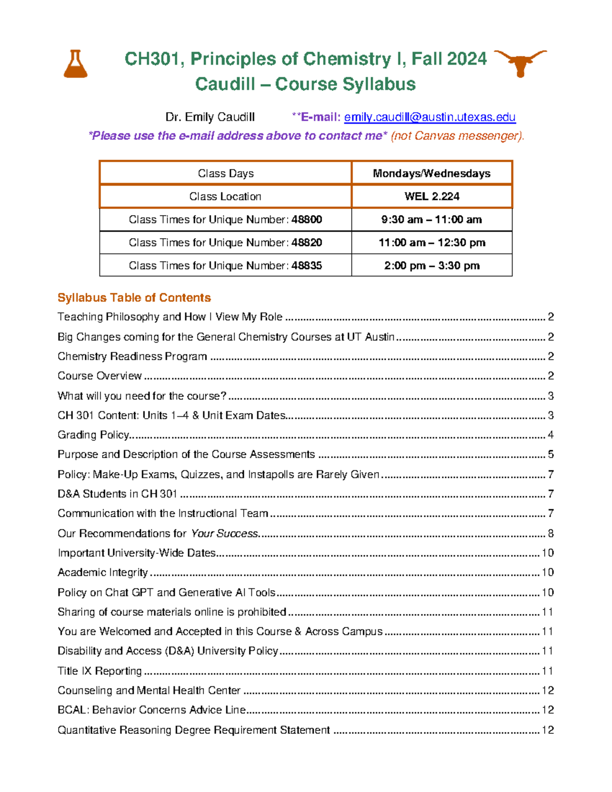 Fall 2024 CH301 Caudill Syllabus - CH30 1 , Principles of Chemistry I, Fall 2024 Caudill ...