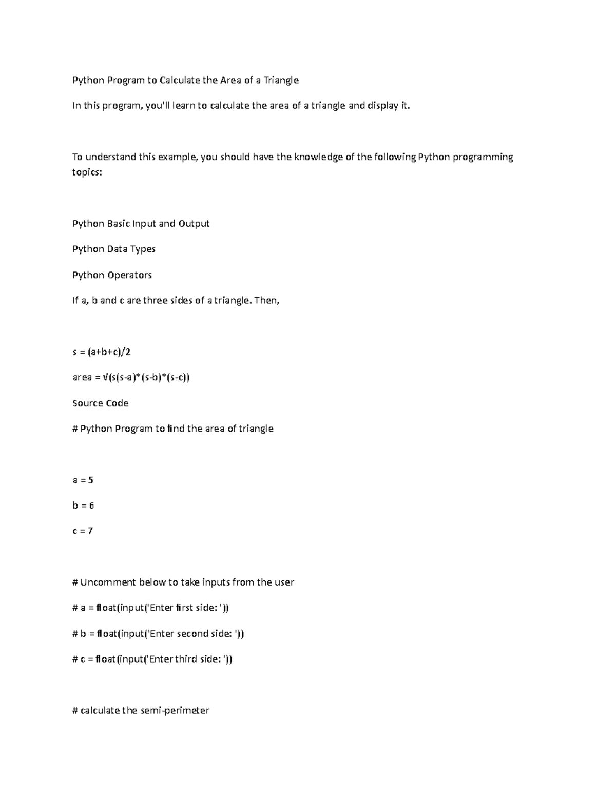Python 4 - Assignment - Python Program to Calculate the Area of a ...