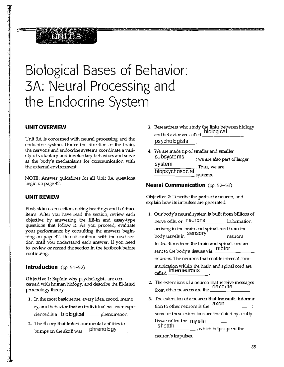 3A Review - Biological Bases of Behavior: 3A: Neural Processing and the ...
