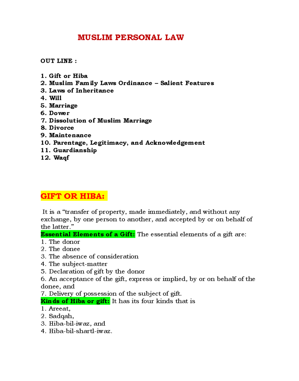 Muslim Personal Law - MUSLIM PERSONAL LAW OUT LINE : Gift or Hiba Muslim Family Laws Ordinance ...