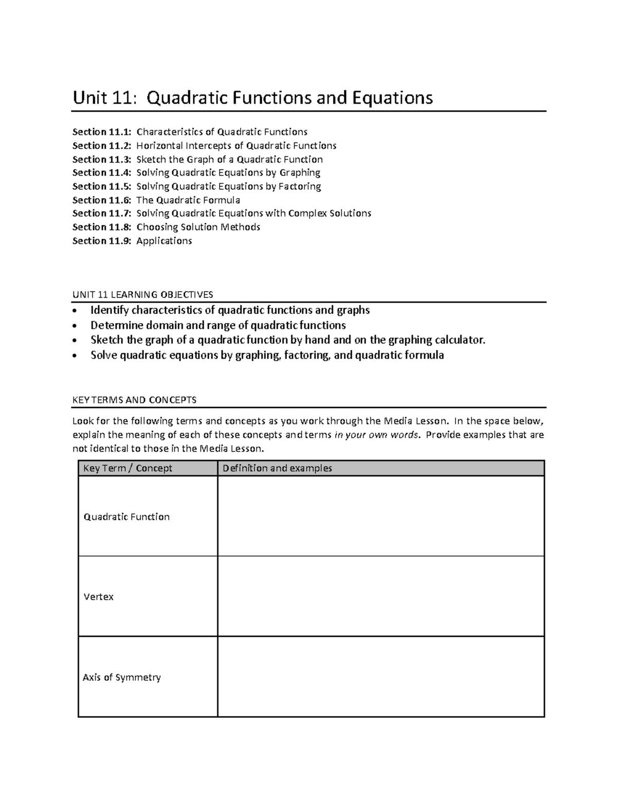 MAT114Workbook Foundations 1 UNIT11 - Unit 11: Quadratic Functions and ...