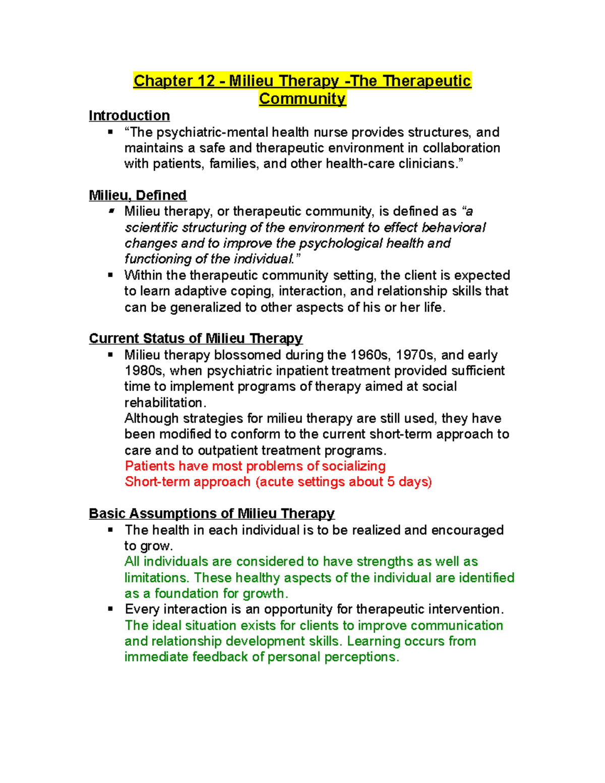 Test 2 Review Psych - Chapter 12 - Milieu Therapy -The Therapeutic ...