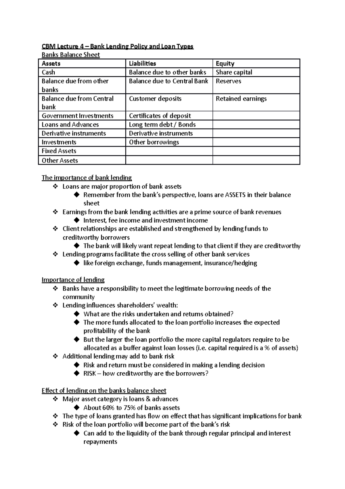 CBM Lecture 4 – Bank Lending Policy and Loan Types - CBM Lecture 4 ...