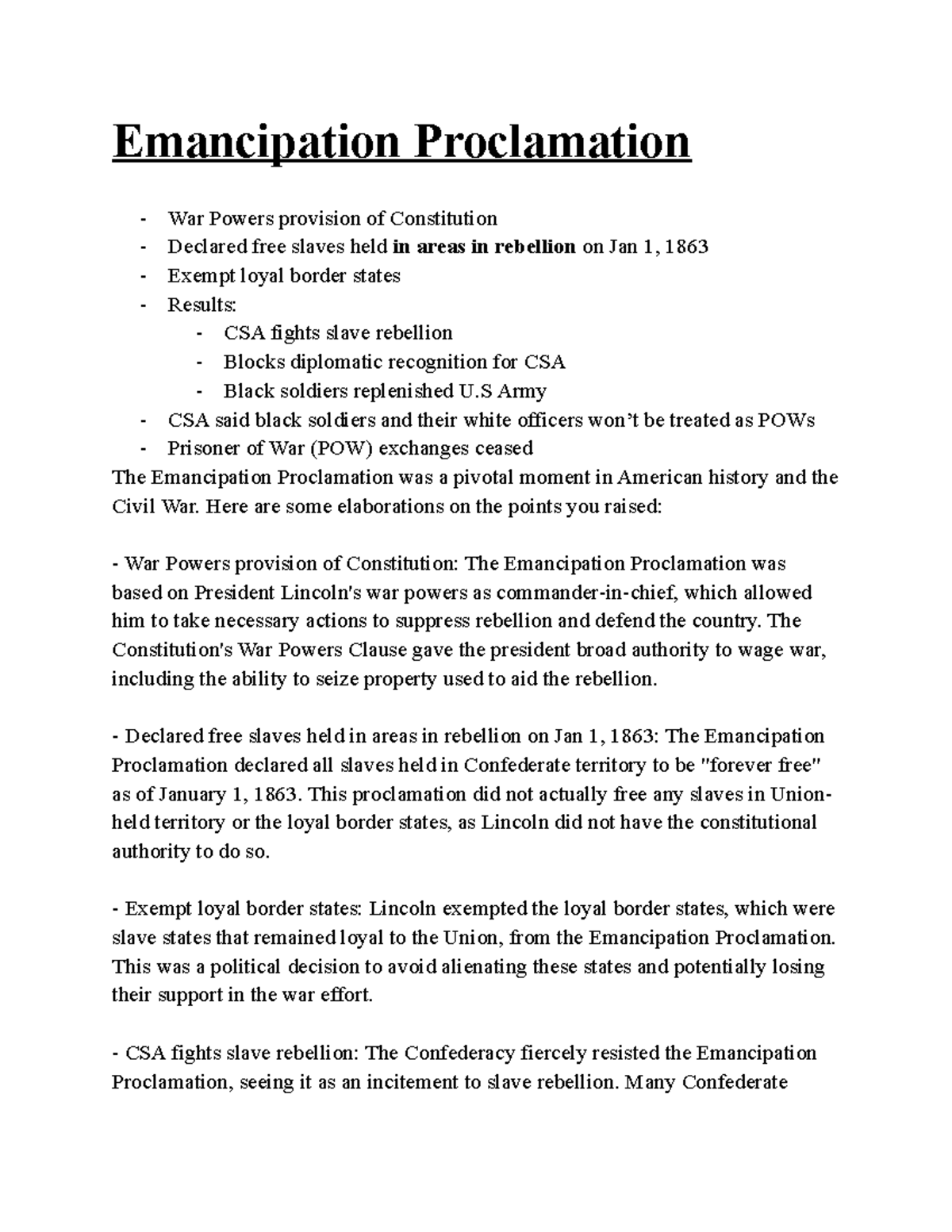 111111 Emancipation Proclamation Impact in the Past Key Questions ...