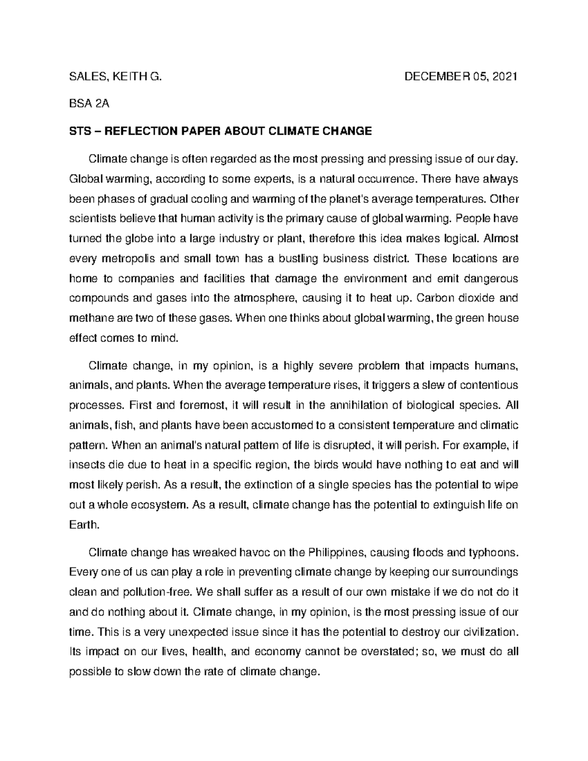 Sales - STS - climate change - SALES, KEITH G. DECEMBER 05, 2021 BSA 2A ...