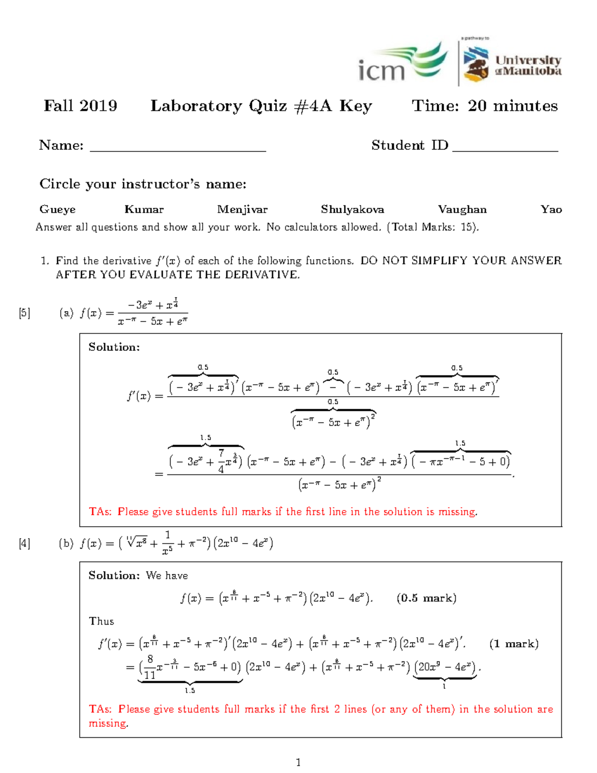 Quiz 2019, answers - Fall 2019 Laboratory Quiz #4A Key Time: 20 minutes ...