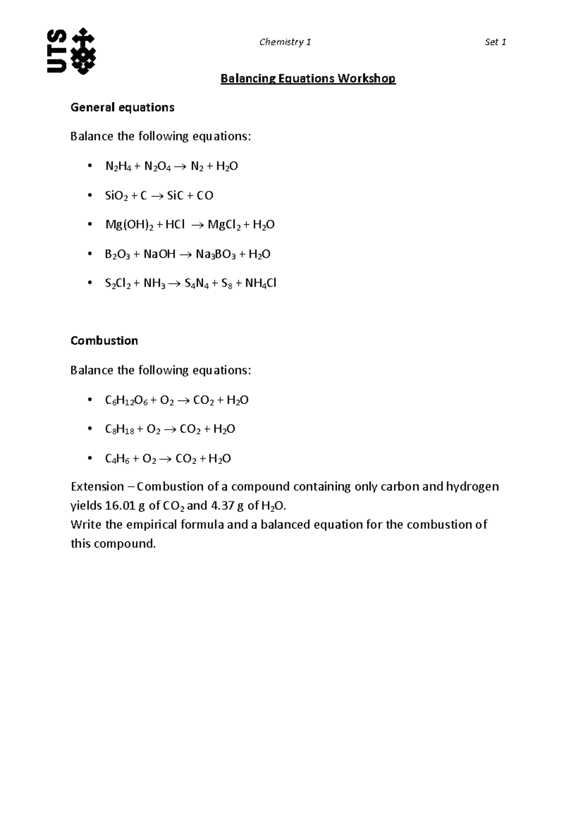 Balancing Equations Questions Set 1 - 065111 - Studocu