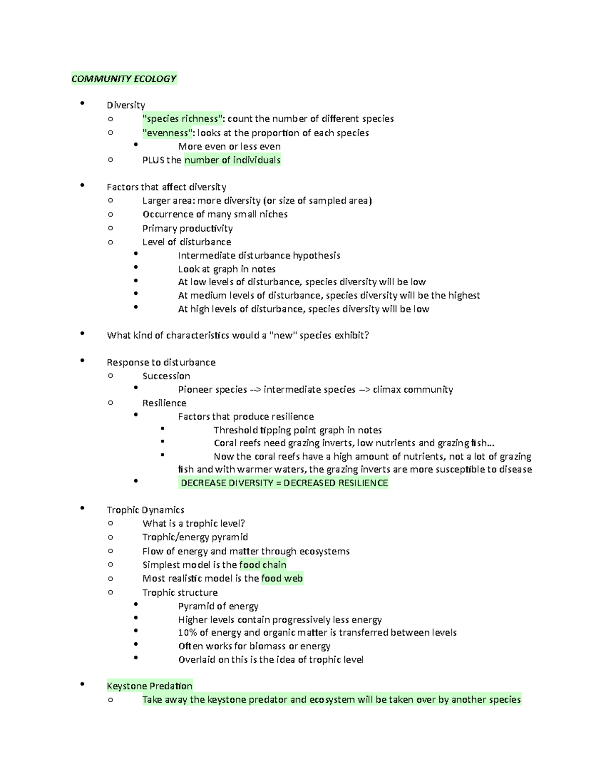 Community ecology - COMMUNITY ECOLOGY Diversity o - Studocu
