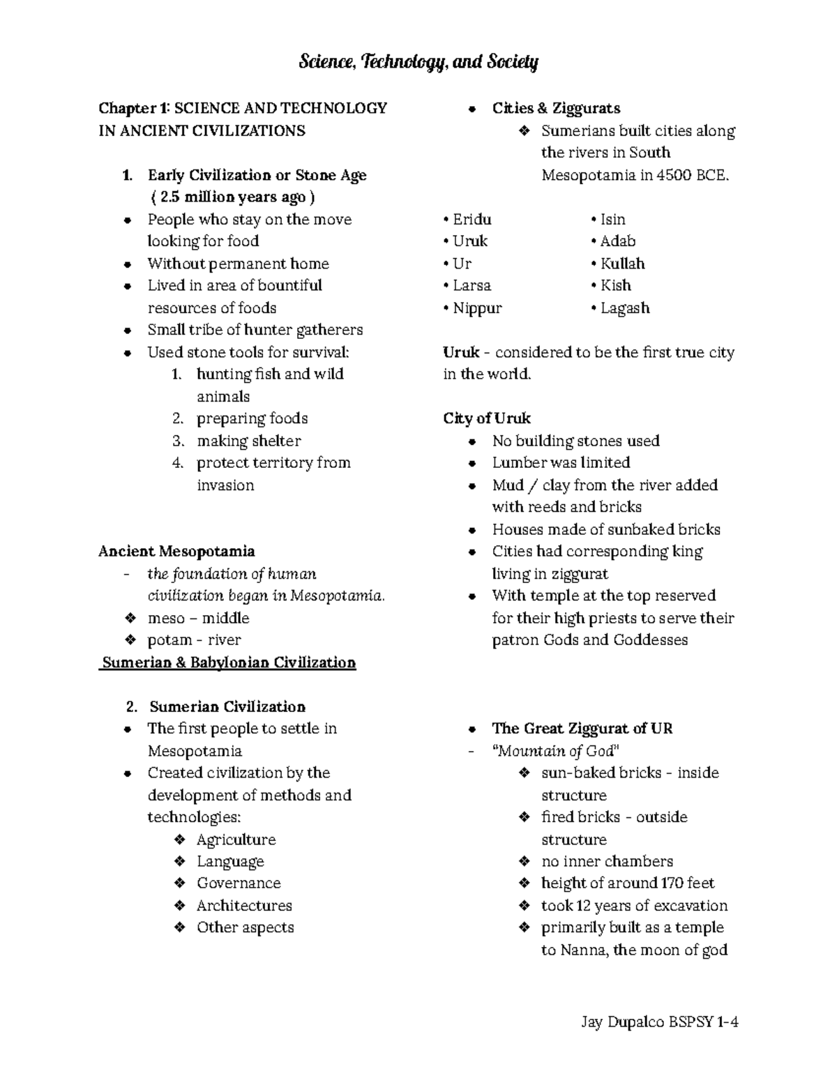 STS - STS notes - Chapter 1 SCIENCE AND TECHNOLOGY IN ANCIENT ...