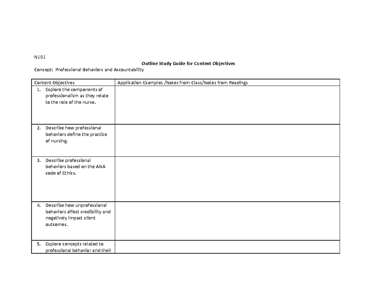Content Objectives Study Guide Professionalism and Accountability - N ...