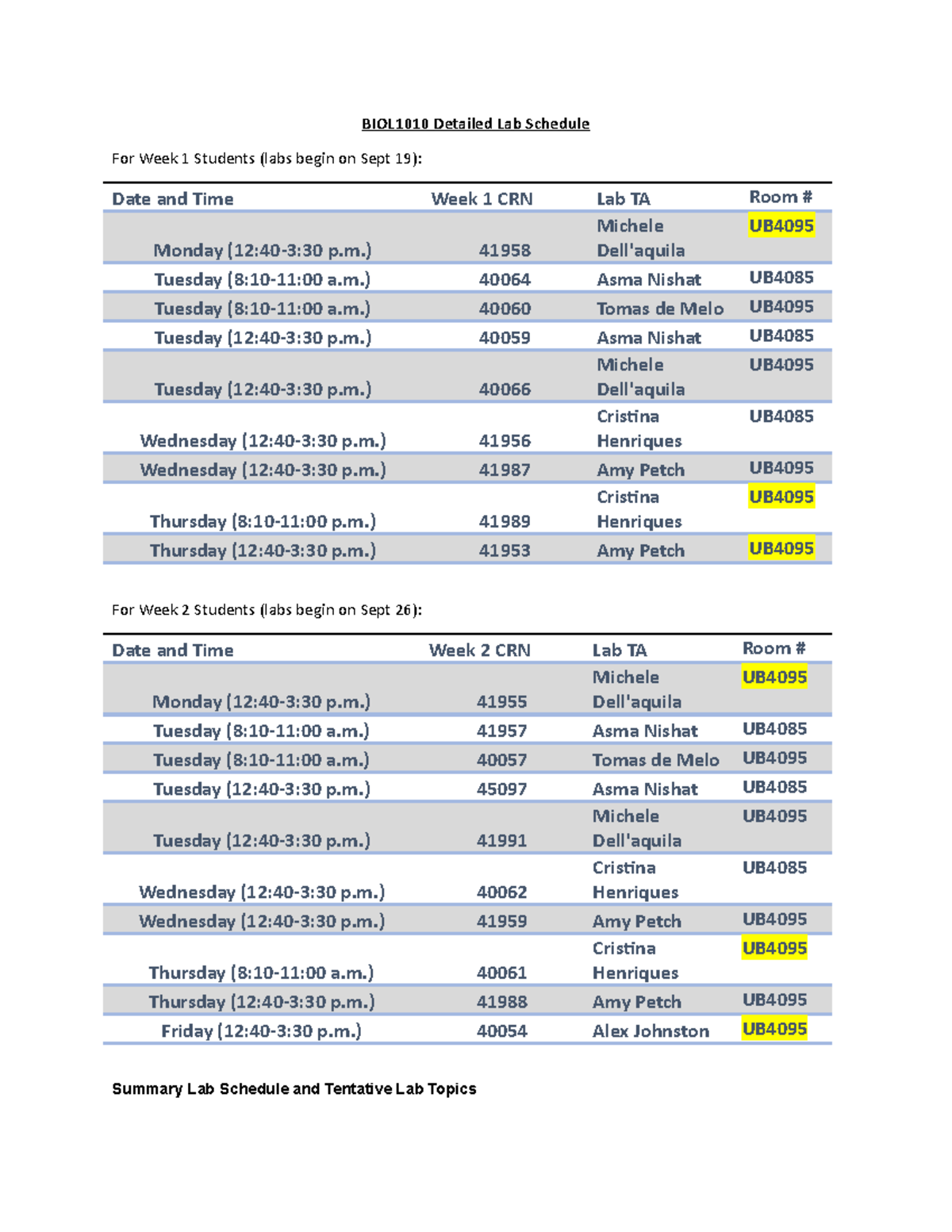 BIOL1010 Detailed Lab Schedule Sept20 updated - BIOL1010 Detailed Lab ...