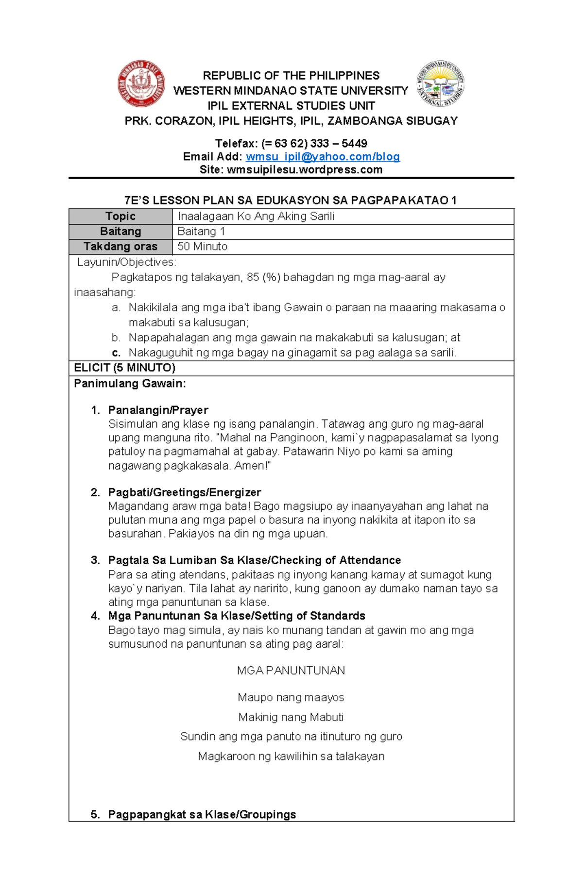 Esp lesson plan 7es demo Final - REPUBLIC OF THE PHILIPPINES WESTERN ...