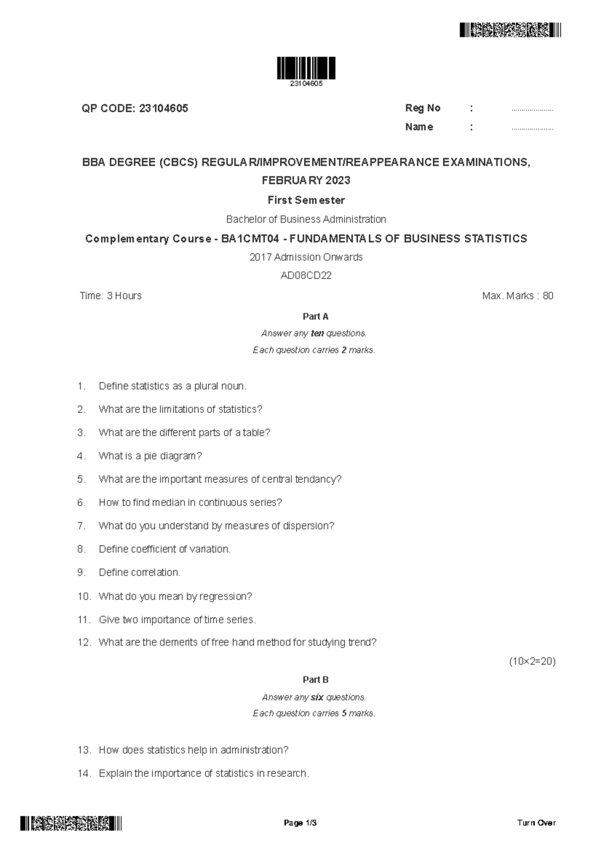 - Fundamentals OF Business Statistics - QP CODE: 23104605 Reg No ...