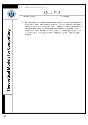 TMC Quiz13 - Quiz 13 - PARTIAL DIFFERENTIAL EQUATIONS. Quiz Student ...