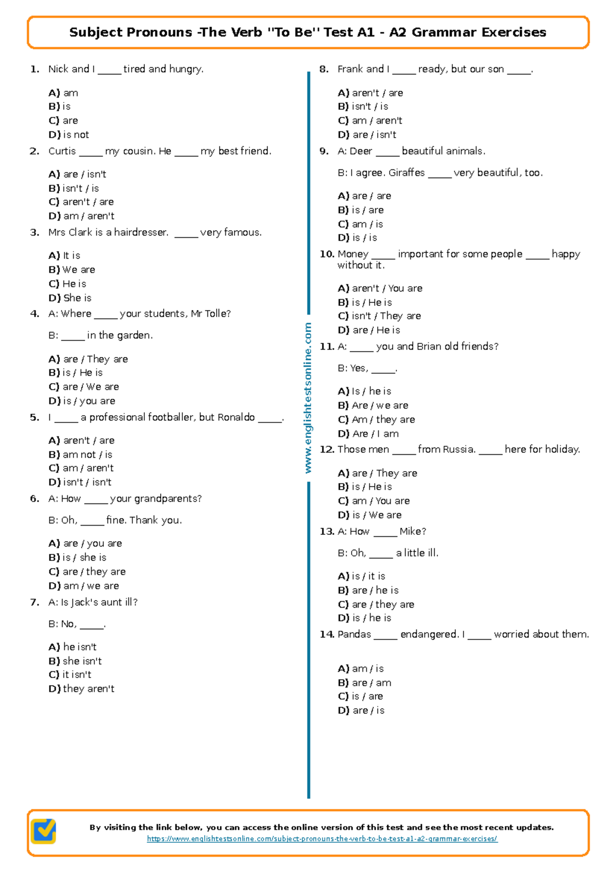 445 subject-pronouns-the-verb-to-be-test-a1-a2-grammar-exercises ...