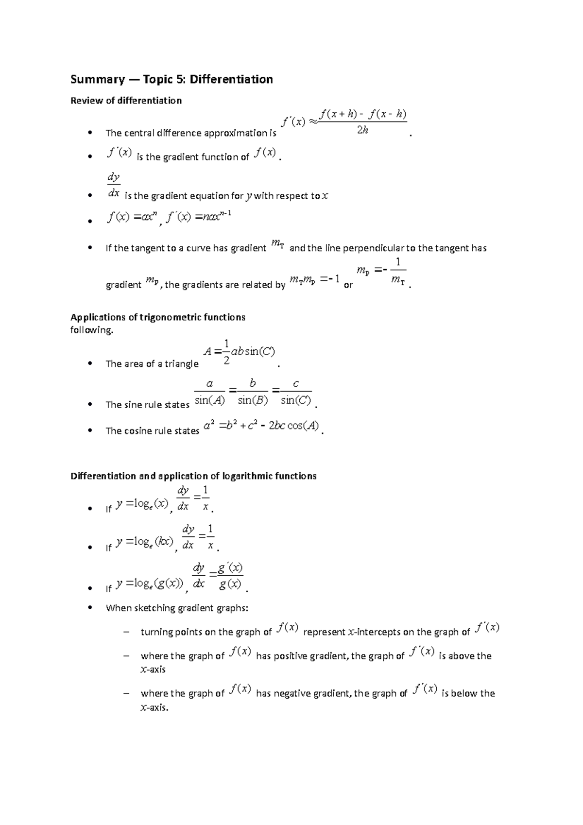 Summary — Topic 5 Differentiation - Summary — Topic 5: Differentiation Review of differentiation ...
