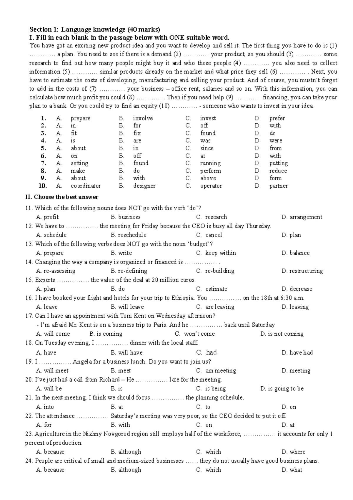 TEST English - Section 1: Language knowledge (40 marks) I. Fill in each ...