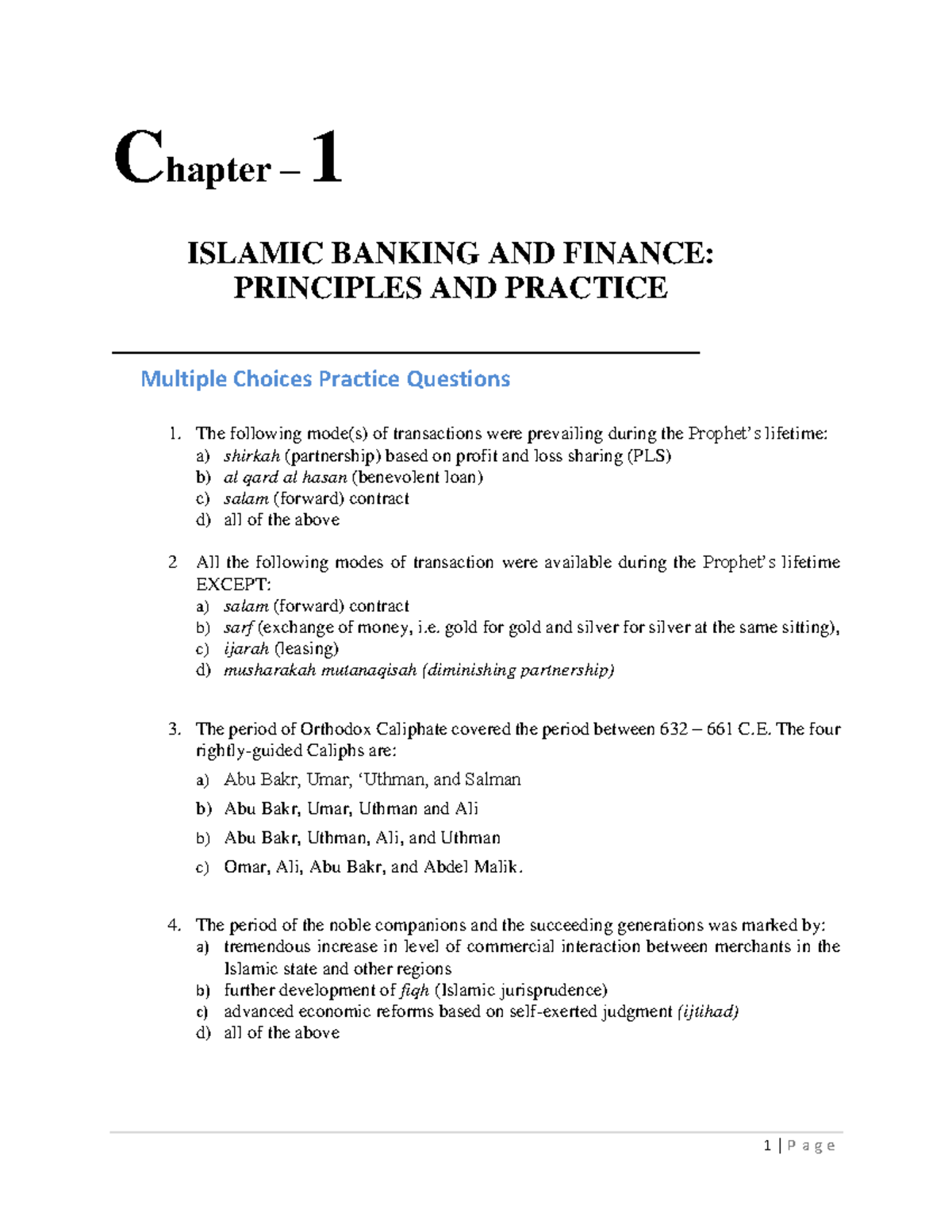 01 Chapter One Mutiple Choice Questions Islamic Banking and Finance ...