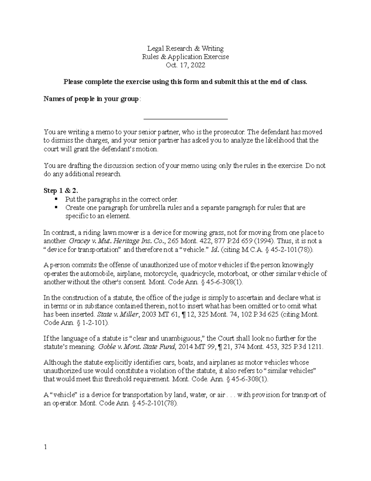 Rules Application In-Class Exercise Form - Legal Research & Writing ...