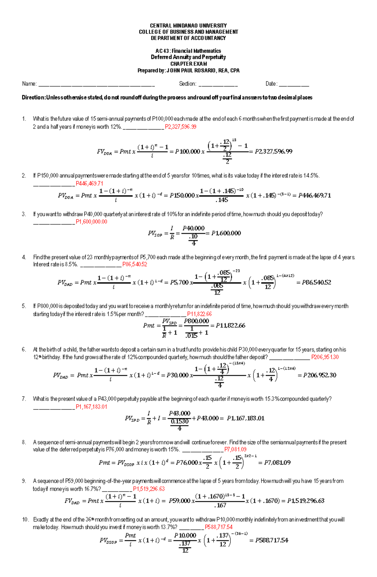 Unit VI. Fin Math Unit Drill Deferred Annuity and Perpetuity - CENTRAL MINDANAO UNIVERSITY ...