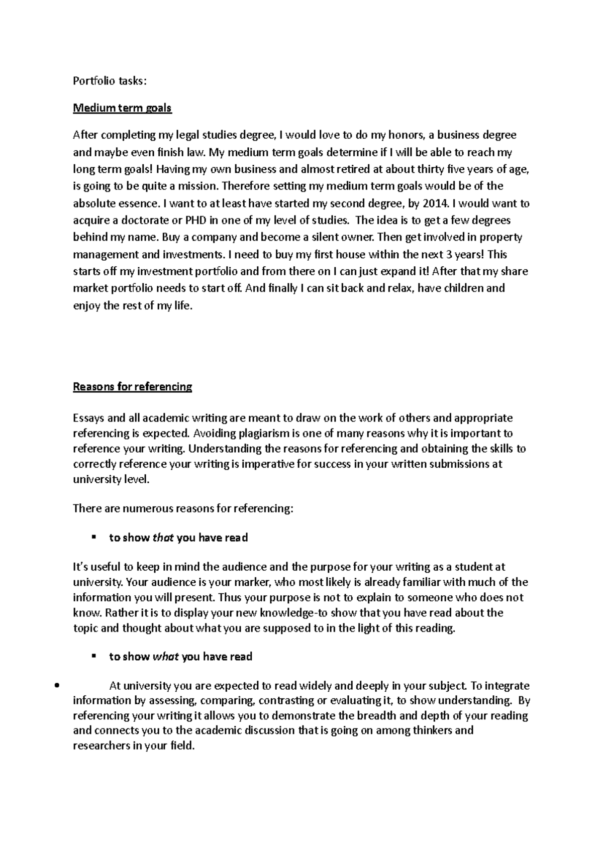 Portfolio tasks edit - Portfolio tasks: Medium term goals After ...