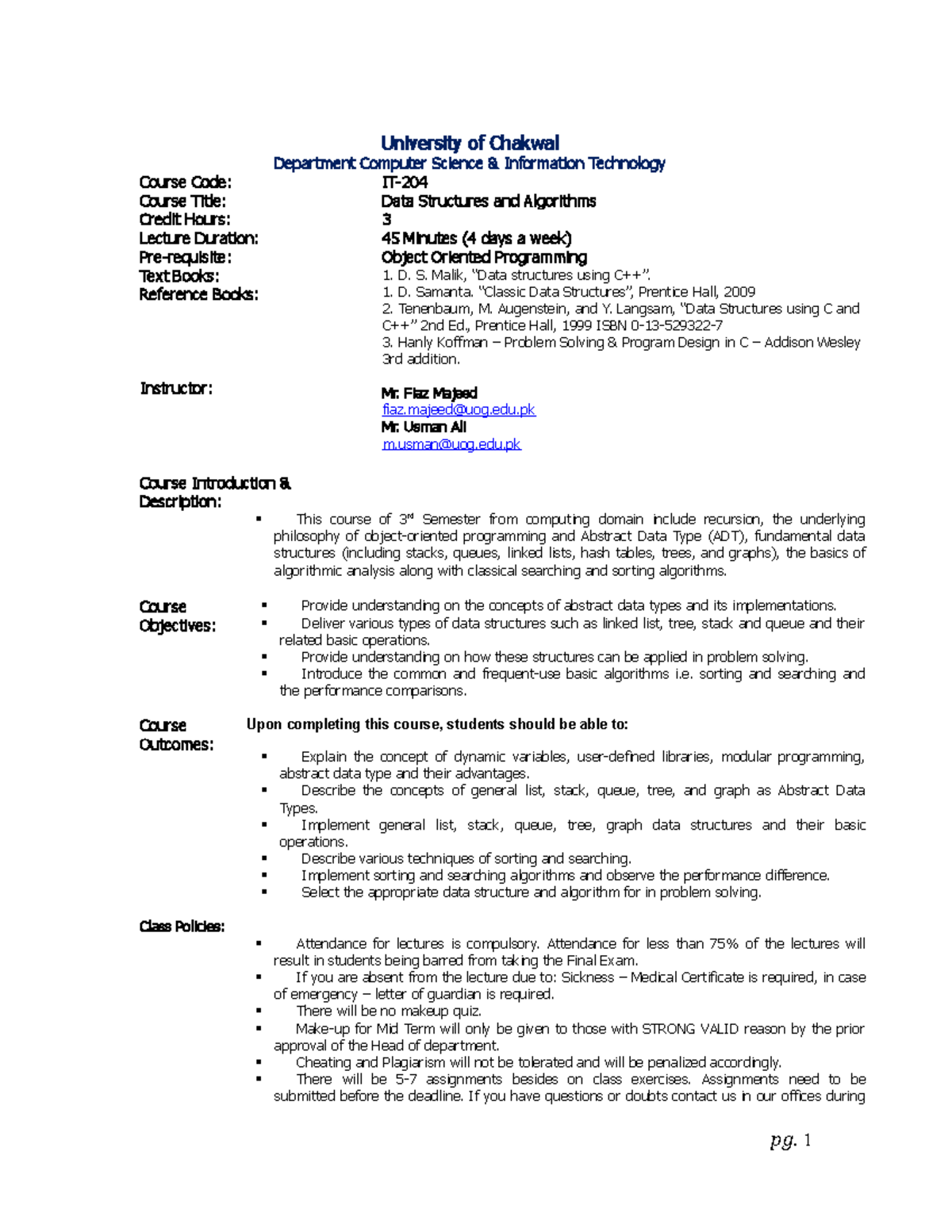 Data Structure Outline IT-204 - University of Chakwal Department ...