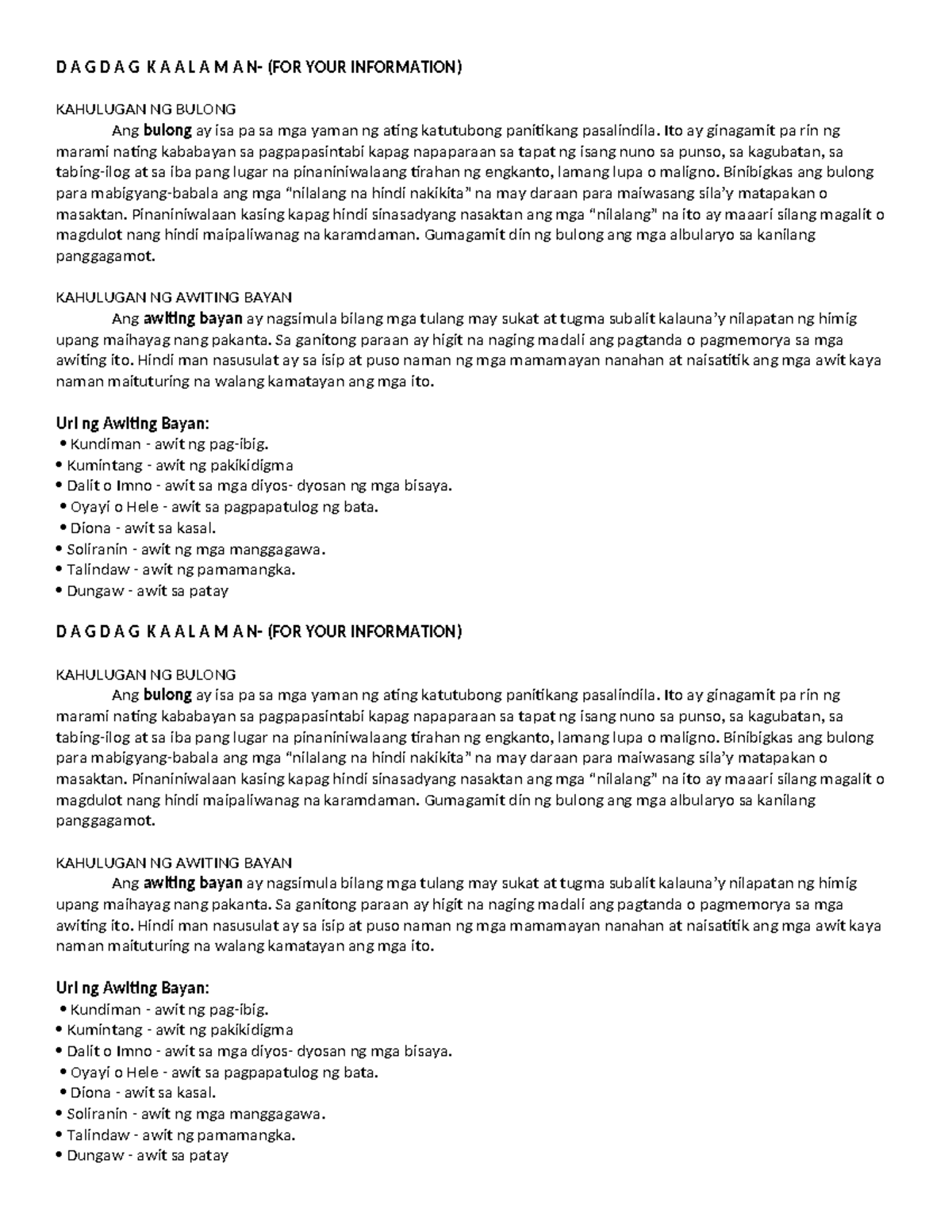 Notes Awiting Bayan - Summary BEEd Filipino - D A G D A G K A A L A M A ...