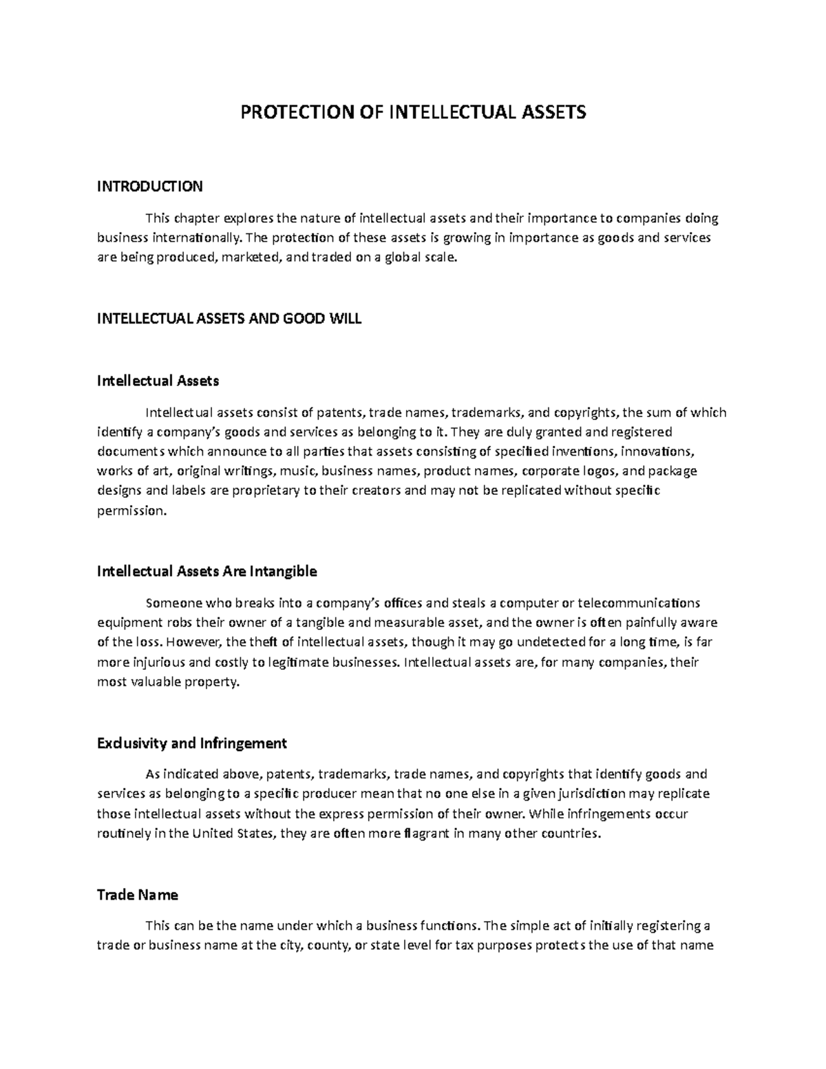 Protection OF Intellectual Assets - PROTECTION OF INTELLECTUAL ASSETS ...
