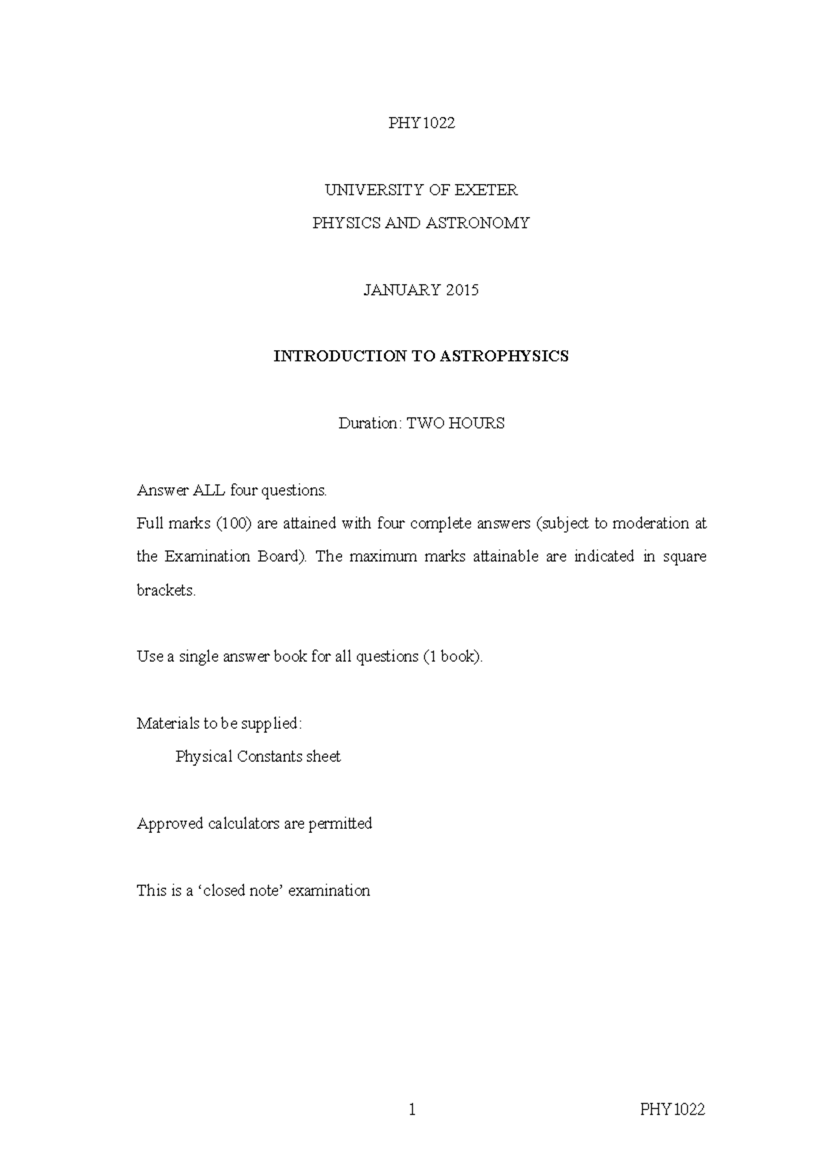 Exam January 2015, questions - PHY 1022 UNIVERSITY OF EXETER PHYSICS ...