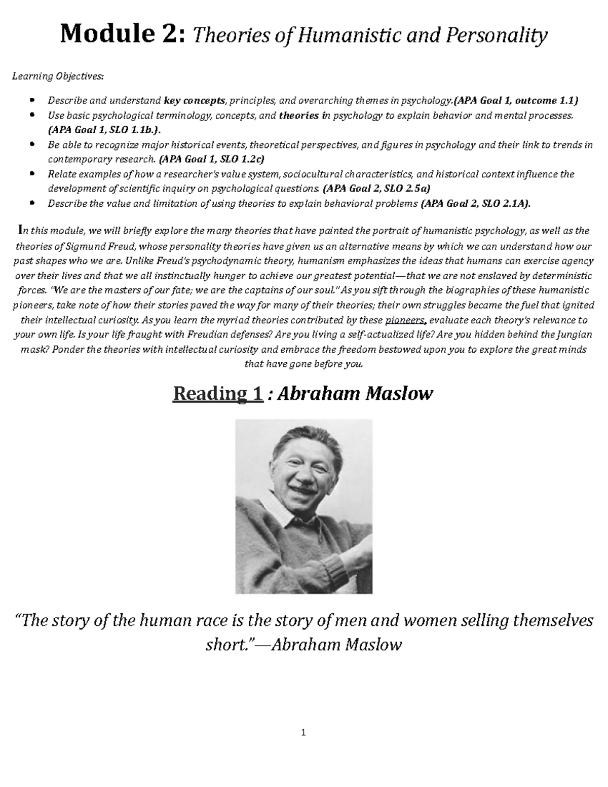 Module 2 Theories of Humanistic and Personality Psychology - Learning ...