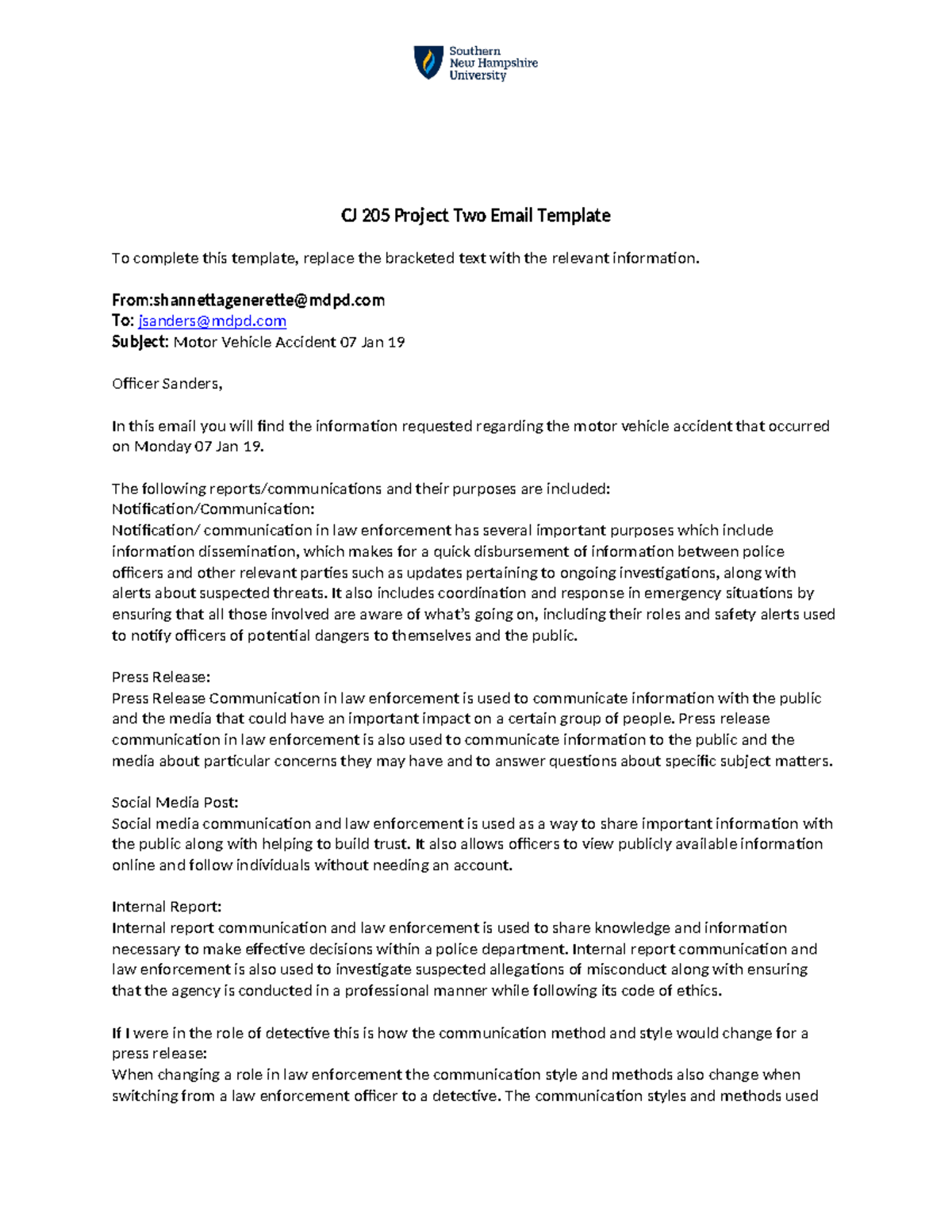 CJ 205 Project Two Email Template (1) - CJ 205 Project Two Email Template To complete this ...