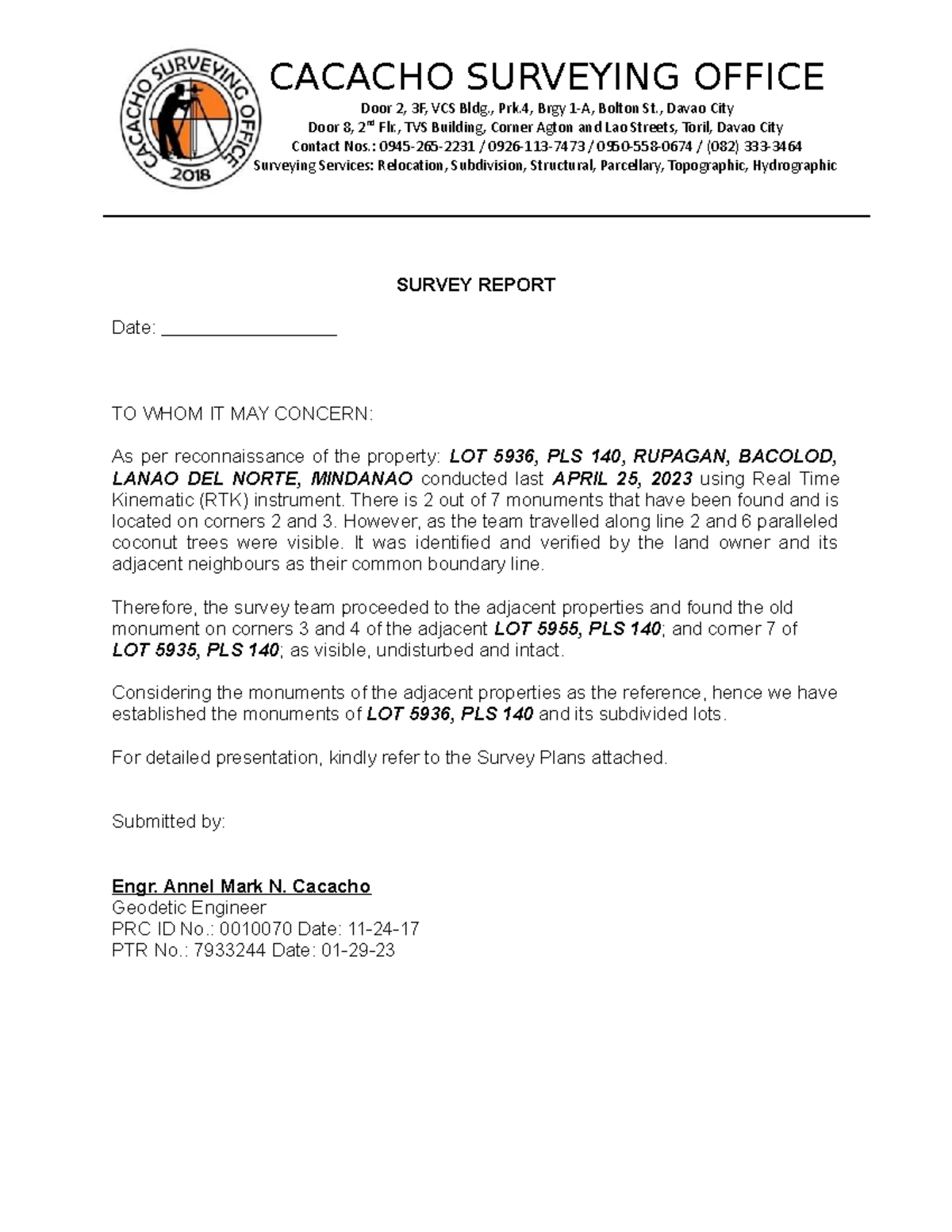 SR LOT 5936, PLS 140 - sample of land title - SURVEY REPORT Date: TO ...