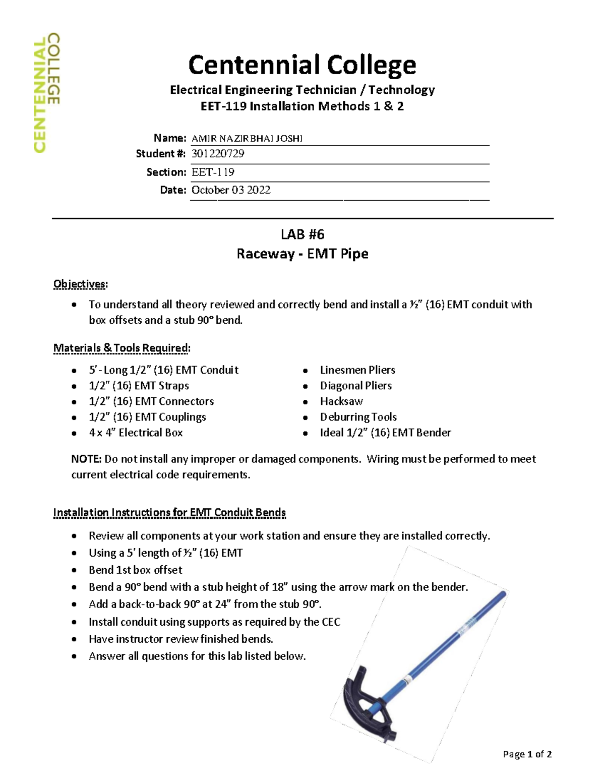 EET-119 Lab 6 - Raceway - EMT Pipe - Centennial College Electrical ...