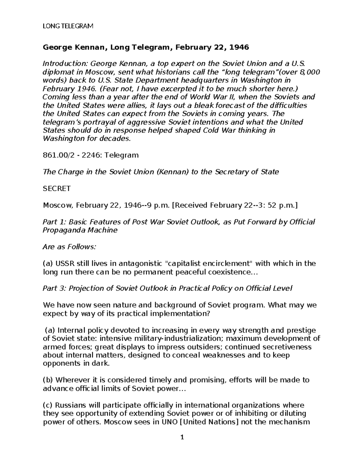 Long telegram - a note - LONG TELEGRAM George Kennan, Long Telegram ...