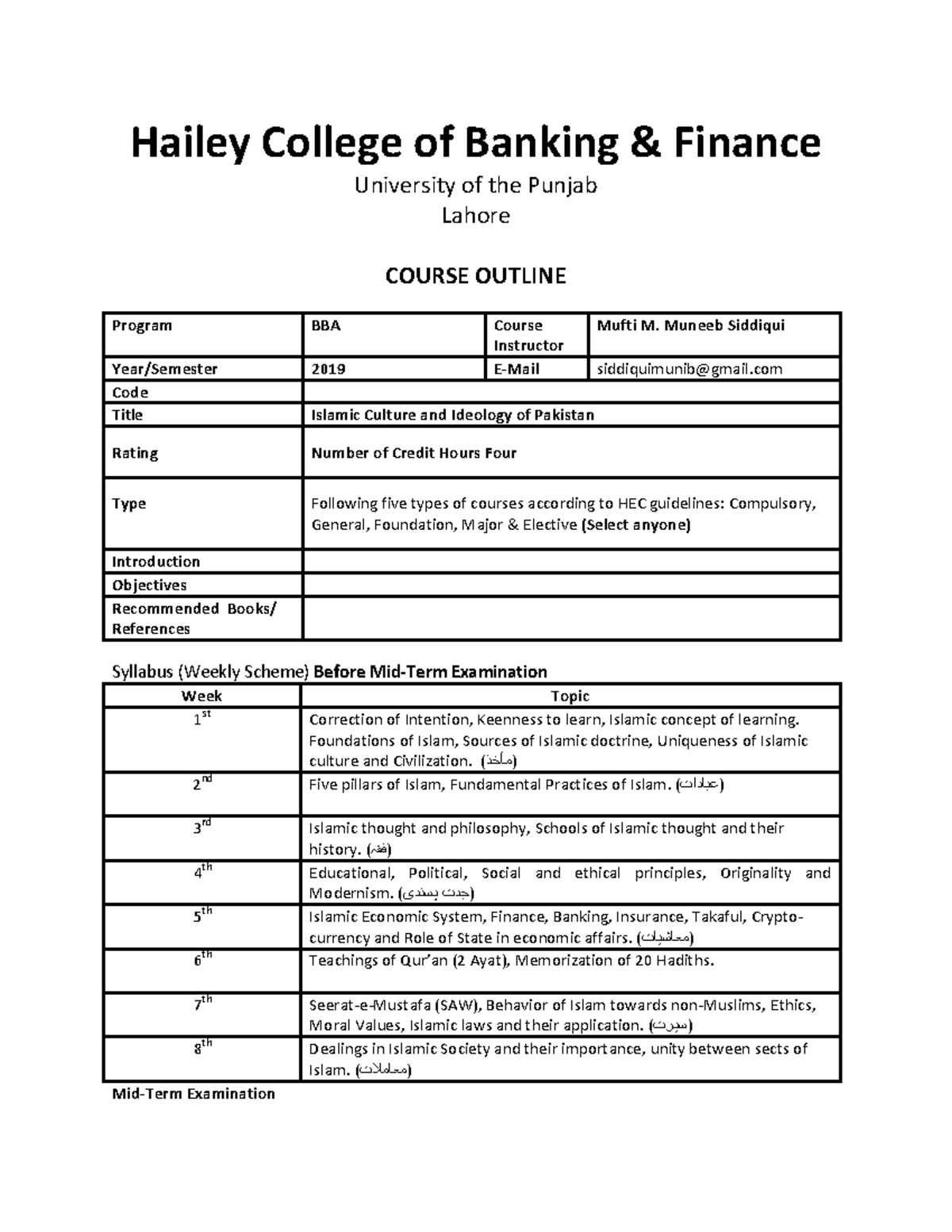 Course Outline (Islamic Culture and Ideology) - Hailey College of ...