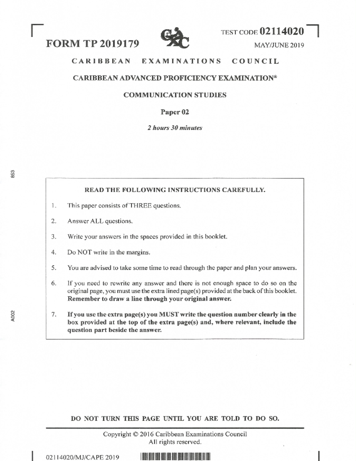 Comm Studies 2019 P2 - answers for 2021 MOB - Caribbean History - Studocu