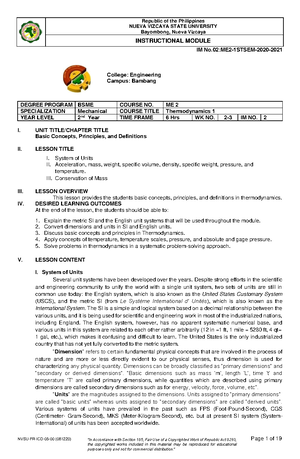 Thermodynamics 1 Module 1 - NUEVA VIZCAYA STATE UNIVERSITY Bayombong ...