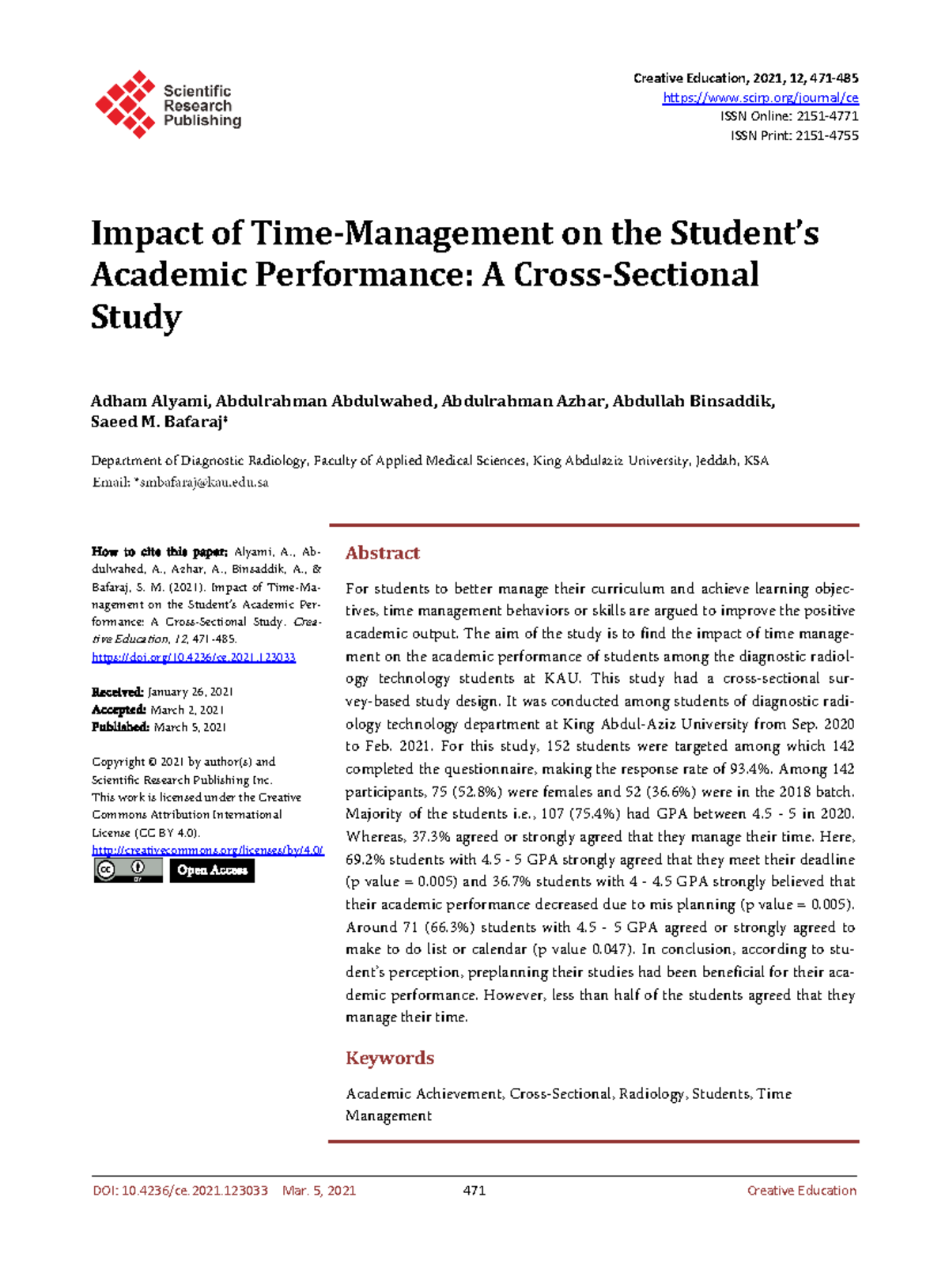 Managing time crucial in student mark - Creative Education, 2021, 12 ...