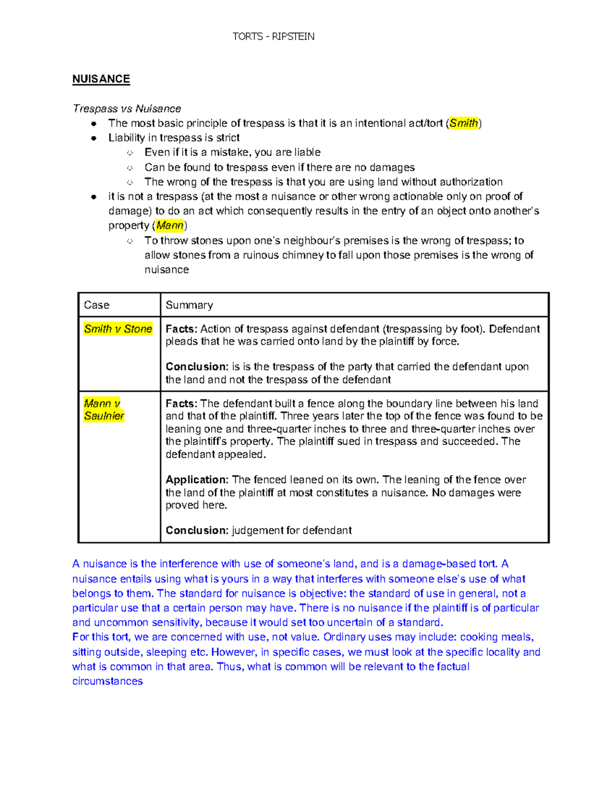 2020-2021, 1L, Torts, Ripstein - Sana Najafi - NUISANCE Trespass vs ...